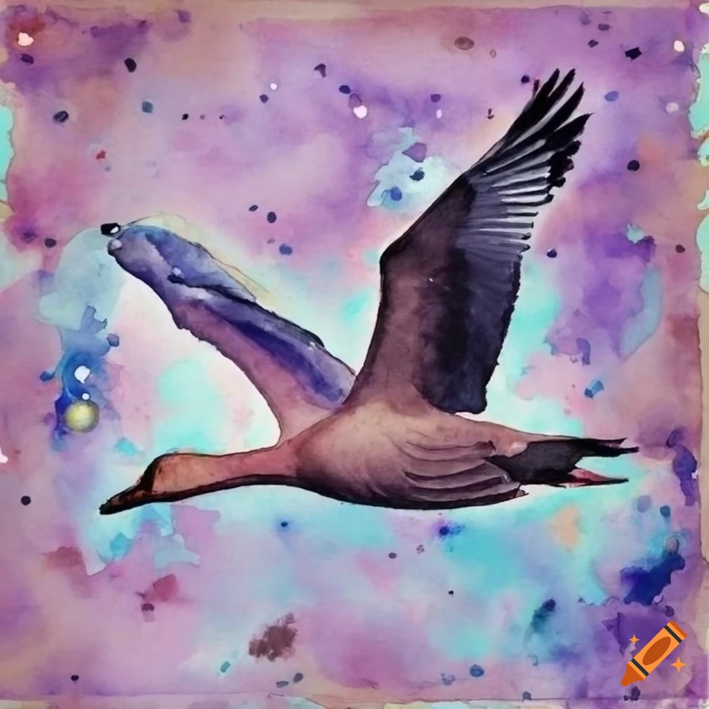 Goose flying in space in a watercolor painting on Craiyon