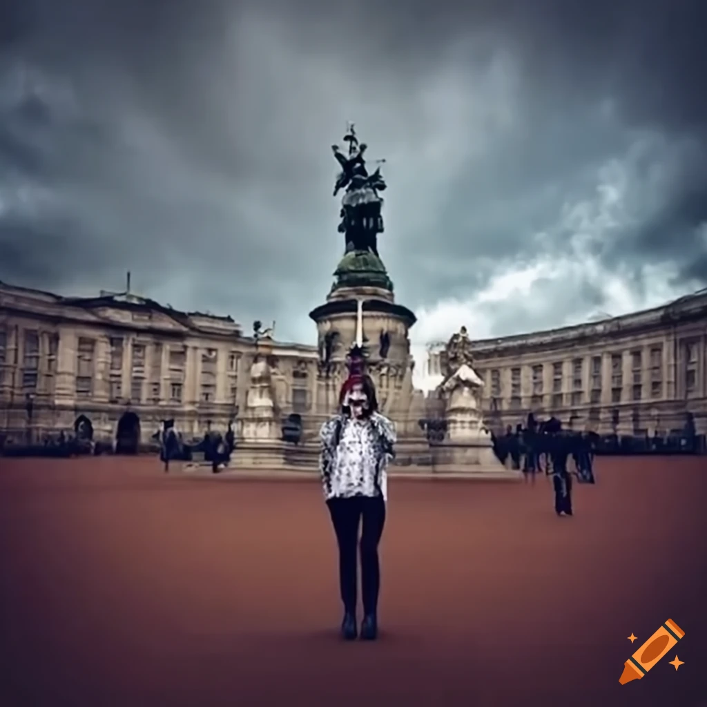 Tourist in a dramatic british outfit crying in front of buckingham ...