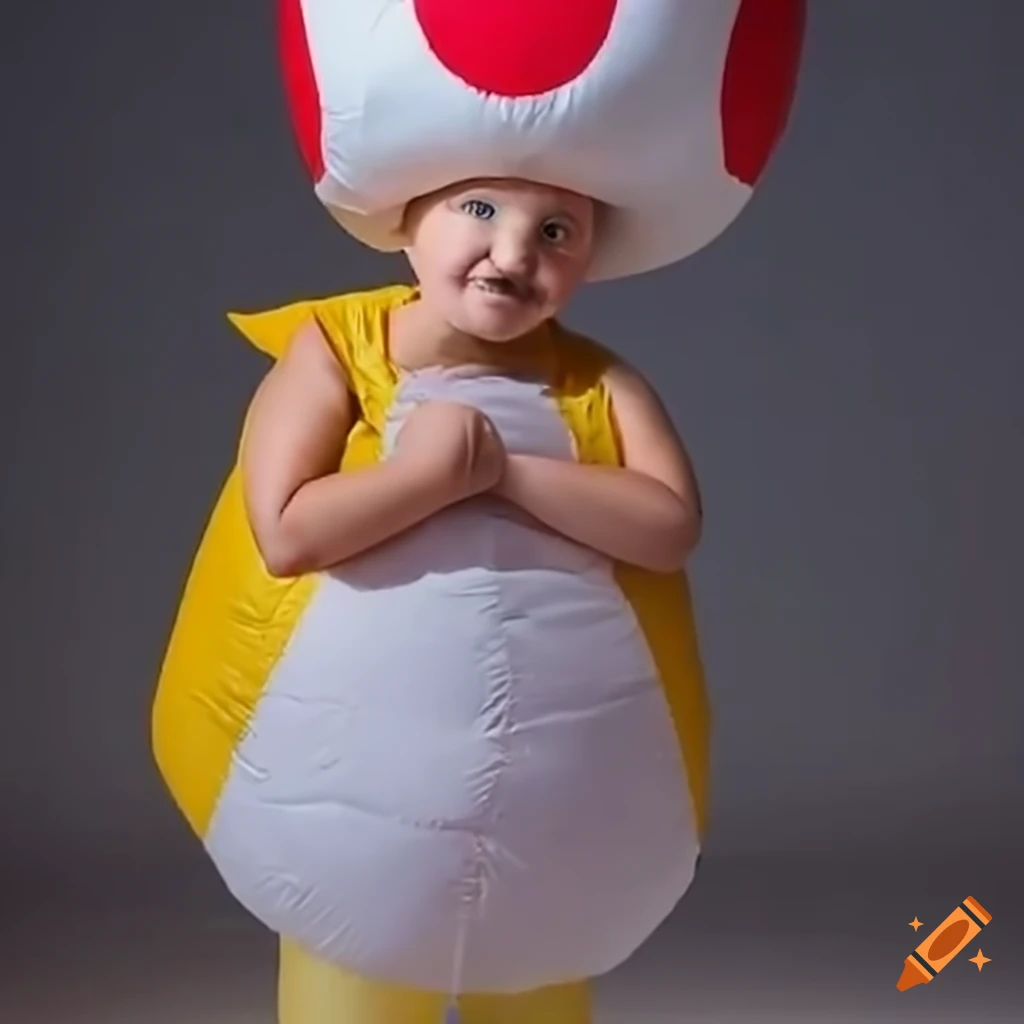 Child in full-body inflatable Super Mario Toad costume on Craiyon