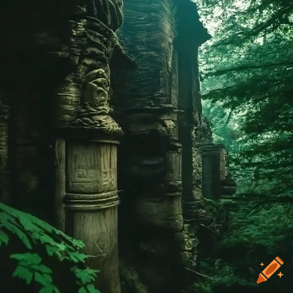 Mysterious ancient ruins with detailed carvings in a moody forest ...