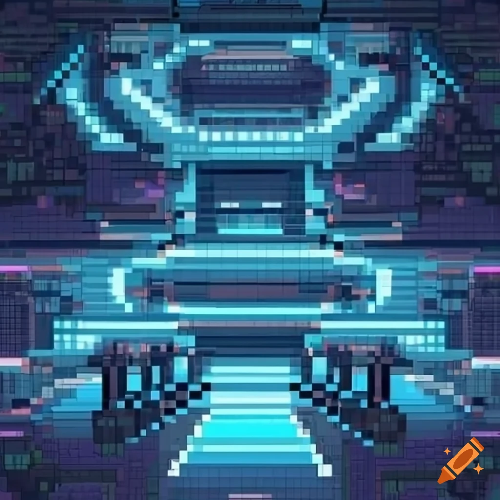 Detailed pixel art of futuristic tech laboratory with LED lighting on ...