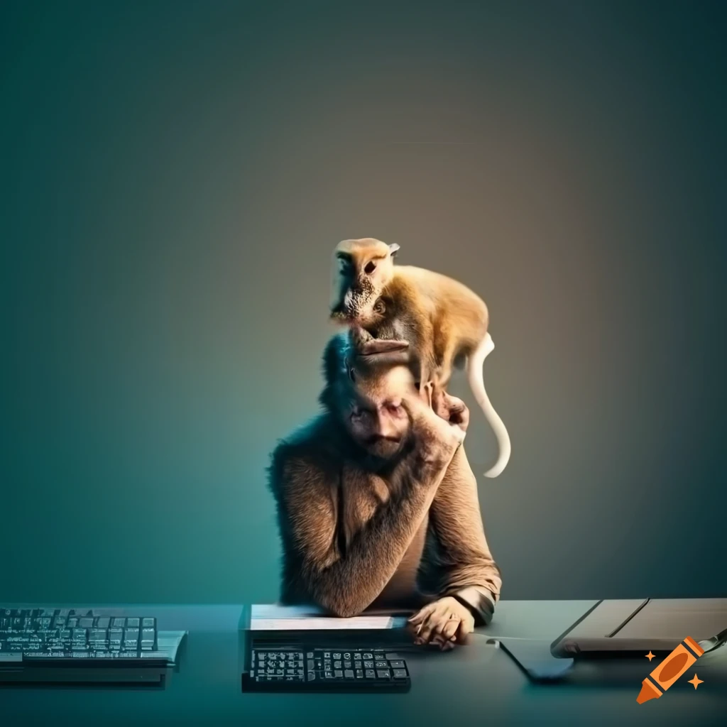 Bearded man working with a monkey on a computer on Craiyon