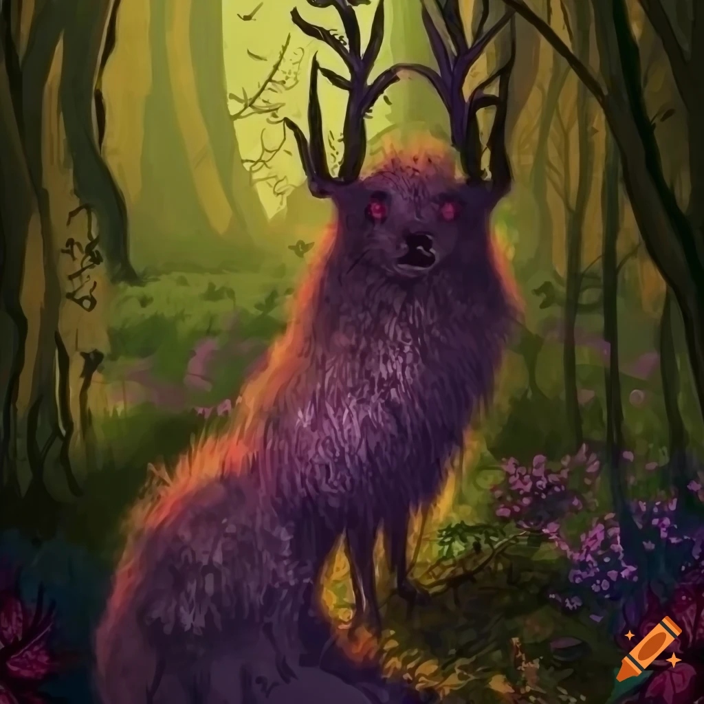 Cryptid with fur and antlers lurking in a gloomy forest with wilted ...