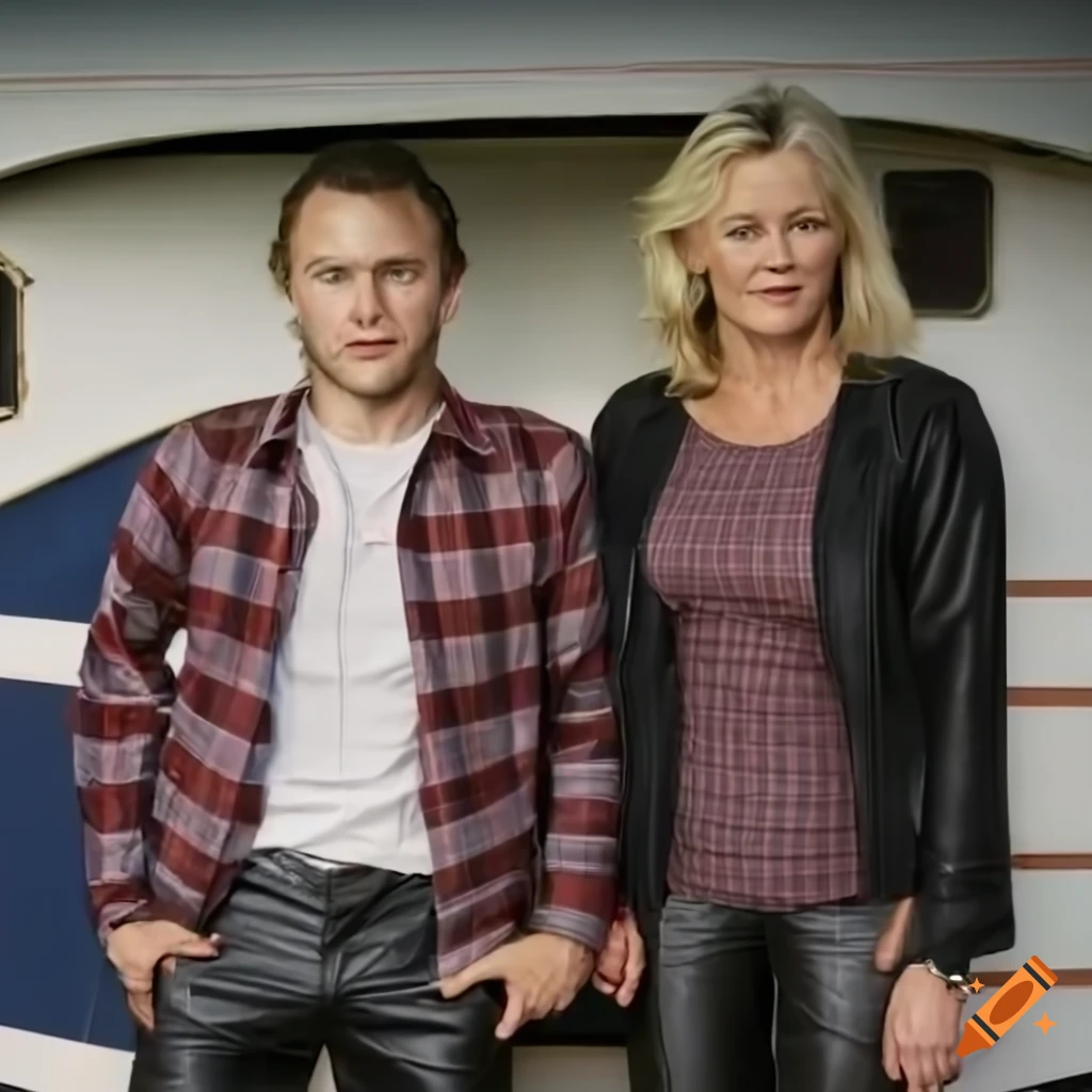 Close-up of two people in country-plaid shirt and high-waist black ...