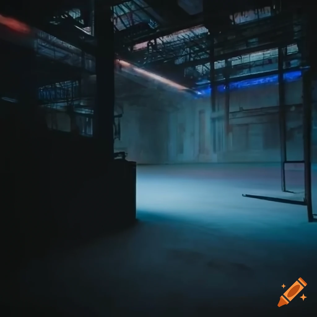Factory with rainbow lights in a liminal space on Craiyon