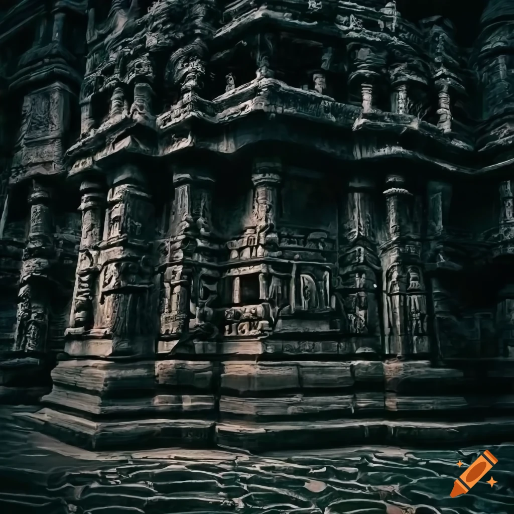 Intricate hieroglyphic symbols in a dimly lit forest with temple ...