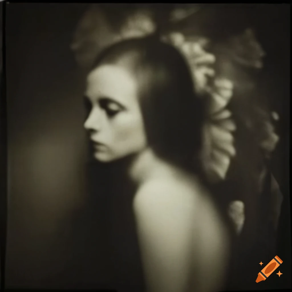 Beautiful woman with flower wings in vintage photography style on Craiyon