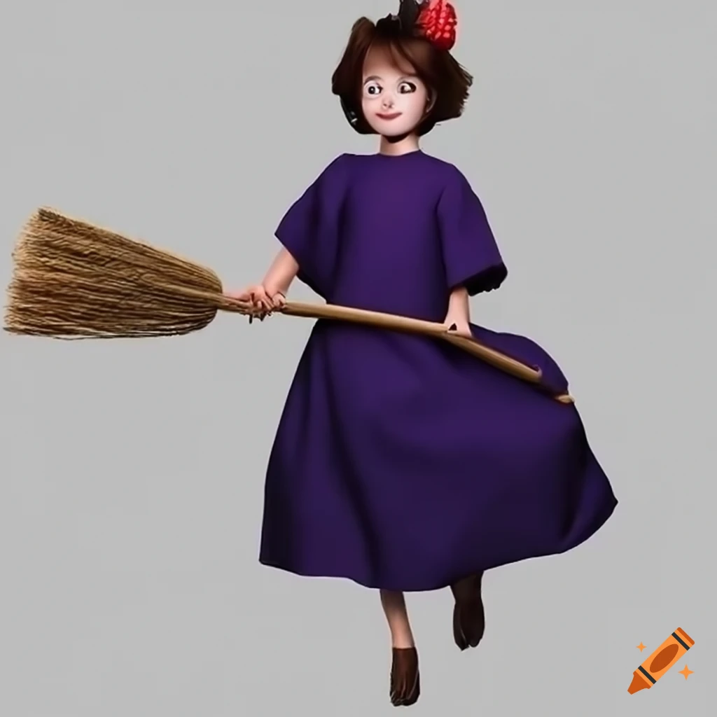 Realistic 3d rendering of kiki's delivery service riding a broom on Craiyon