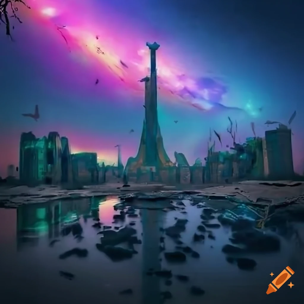 Post-apocalyptic city ruins covered by cosmic space slime during an ...