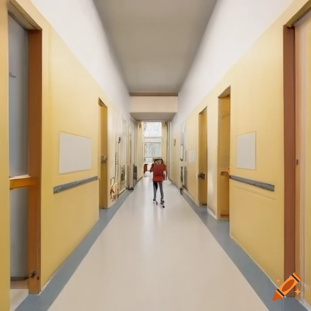 School corridor with classrooms and a central hall on Craiyon
