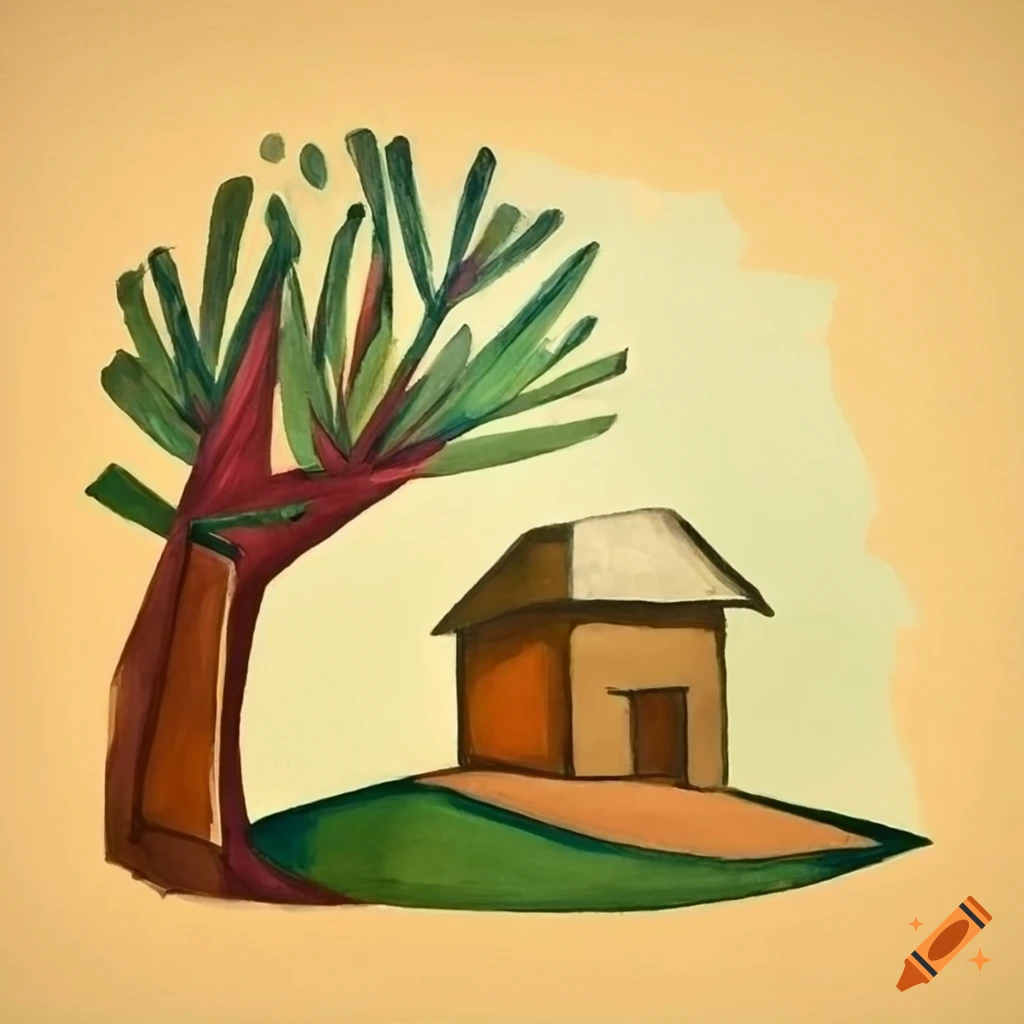 Cubist drawing of a tree and hut on a hill on Craiyon