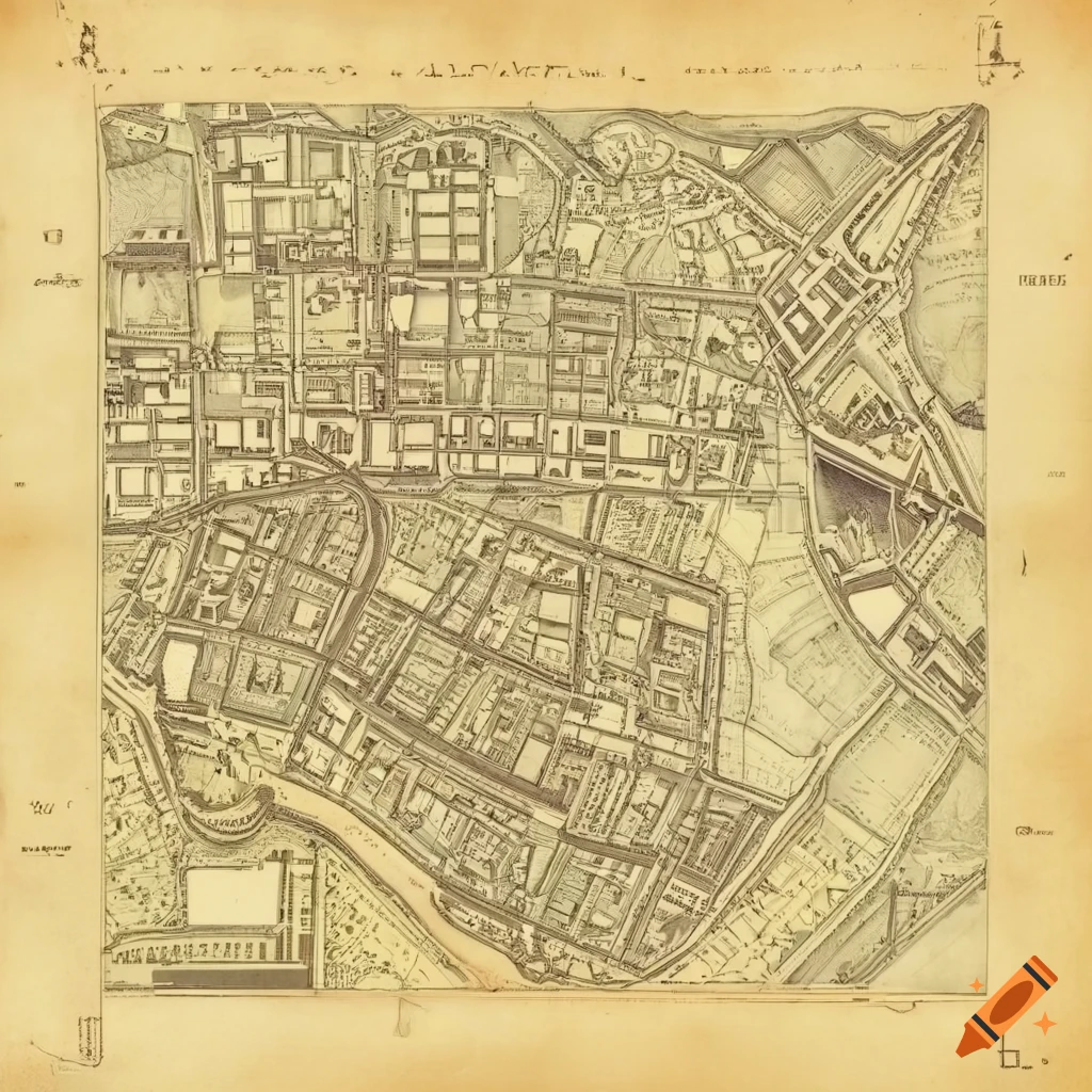 Vintage map of a town district with detailed houses, streets, and ...