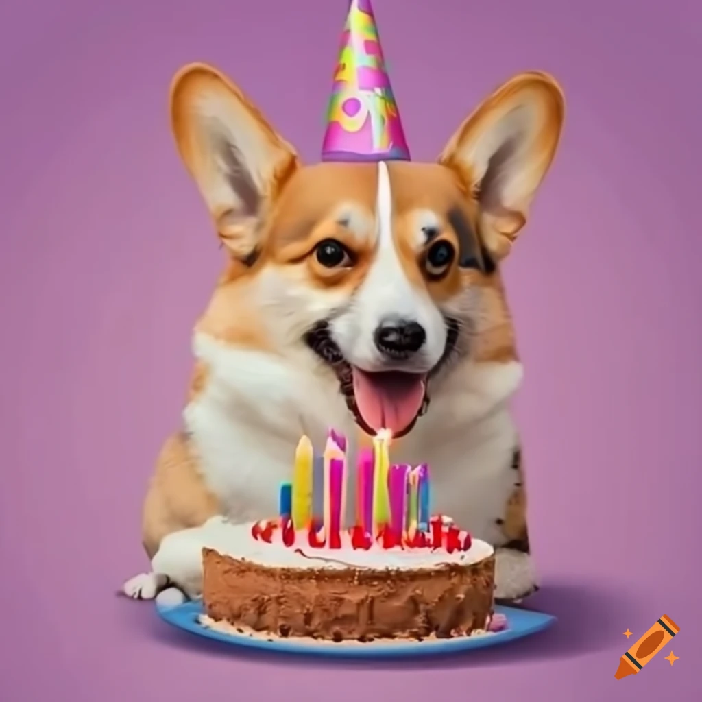 Corgi dog at a birthday party with birthday cake and eight candles on ...