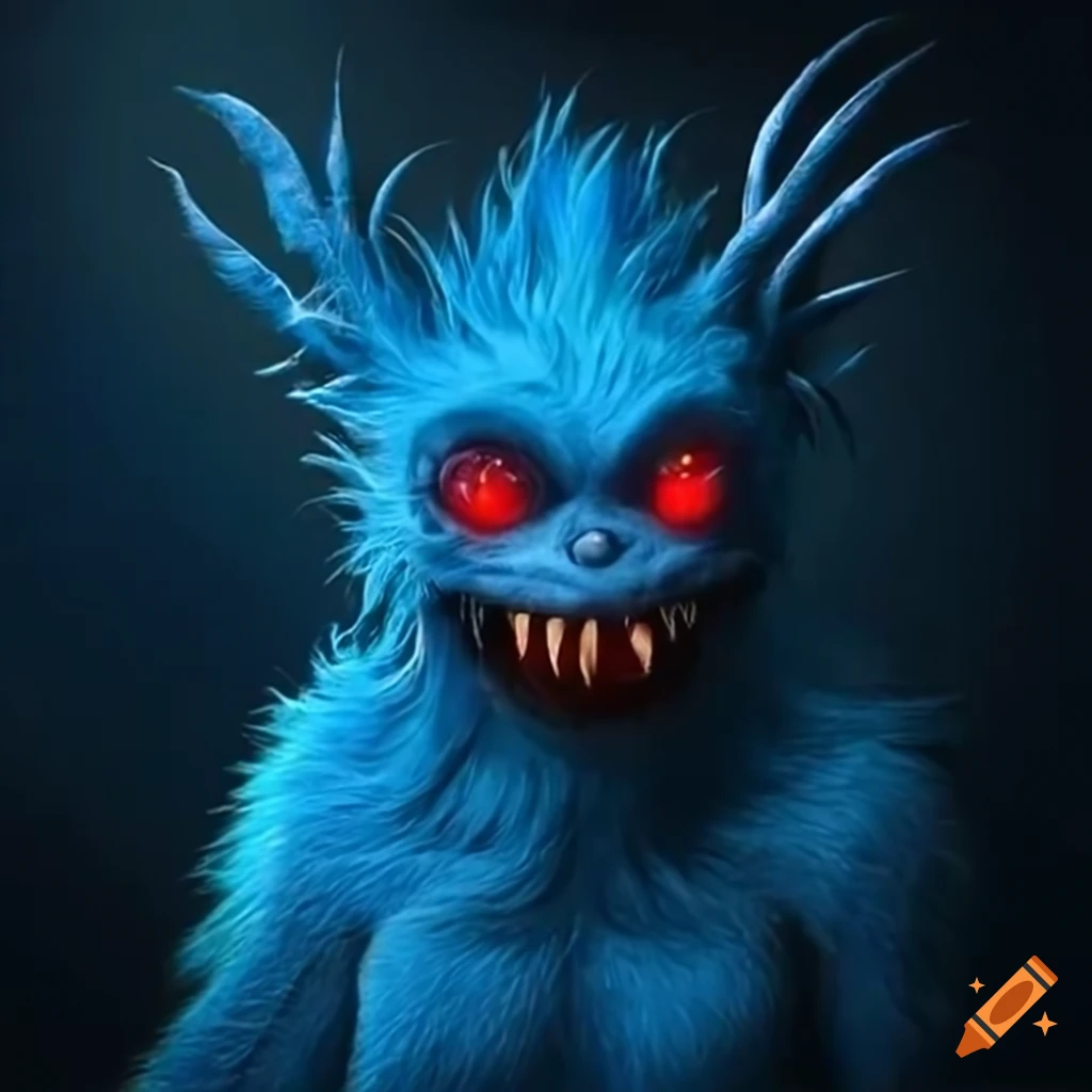 Blue furry monster with claws and glowing red eyes reaching out of the ...