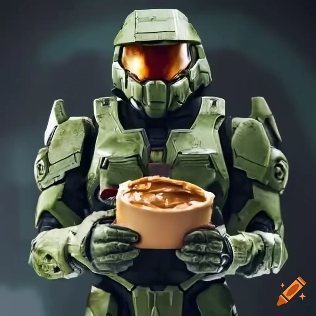 Master chief holding a peanut butter and jelly sandwich on Craiyon