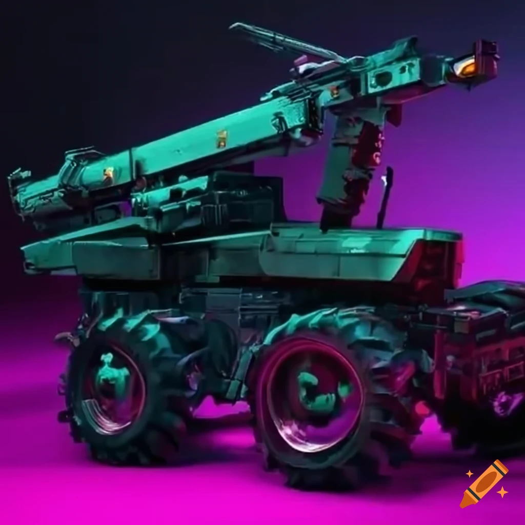 Cyberpunk farming tractor with mounted Gatling gun on Craiyon
