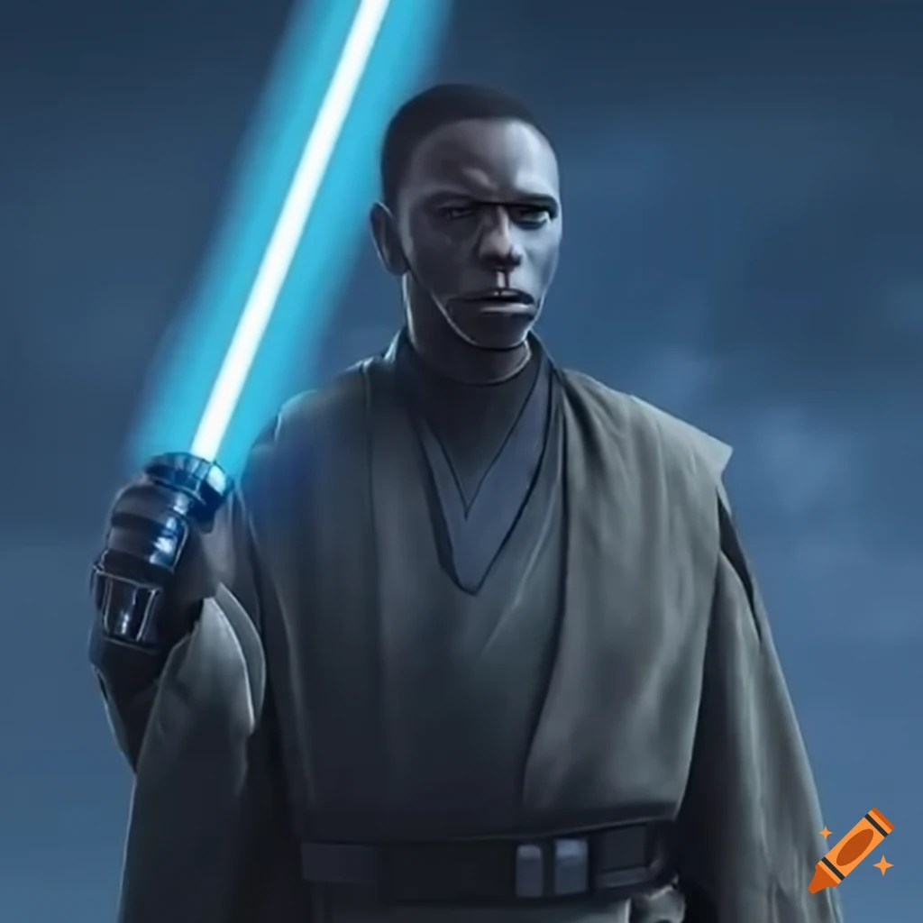 Jedi knight in combat gear with blue lightsaber ready for battle on Craiyon