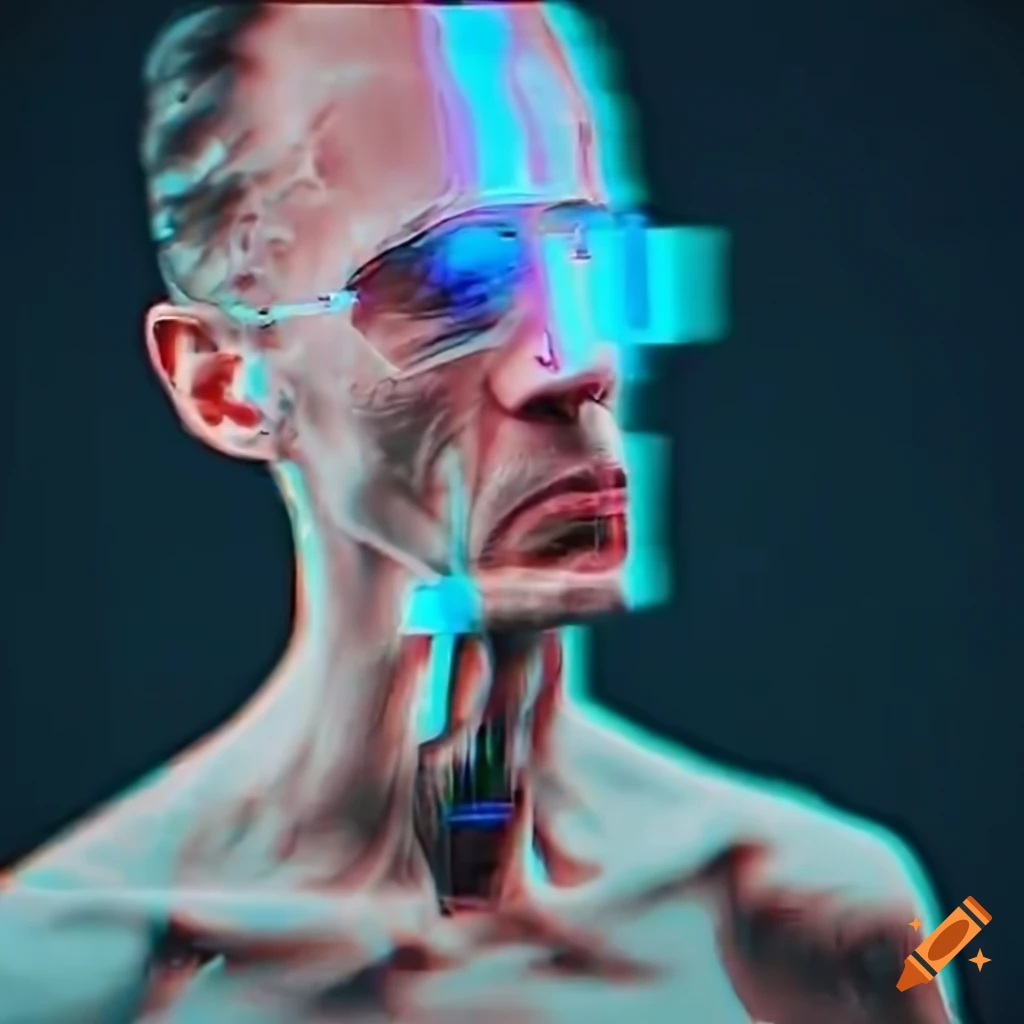 Glitchy photorealistic image of a man in futuristic transparent ...