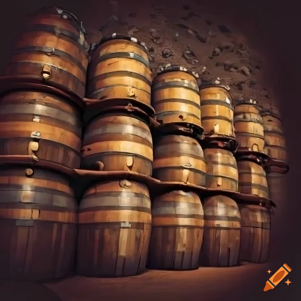 Stylised beer cellar with barrels extending into the distance on Craiyon
