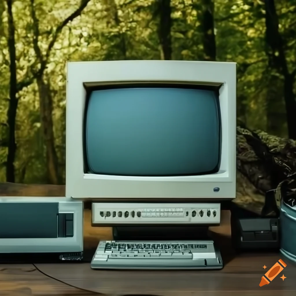 Old 80s computer with crt monitor on a forest background on Craiyon
