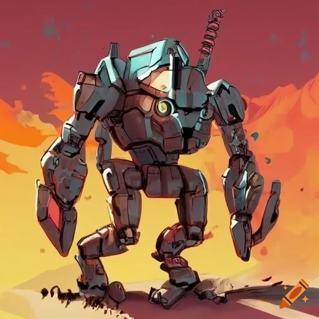 Graphic novel illustration of a mech on Craiyon