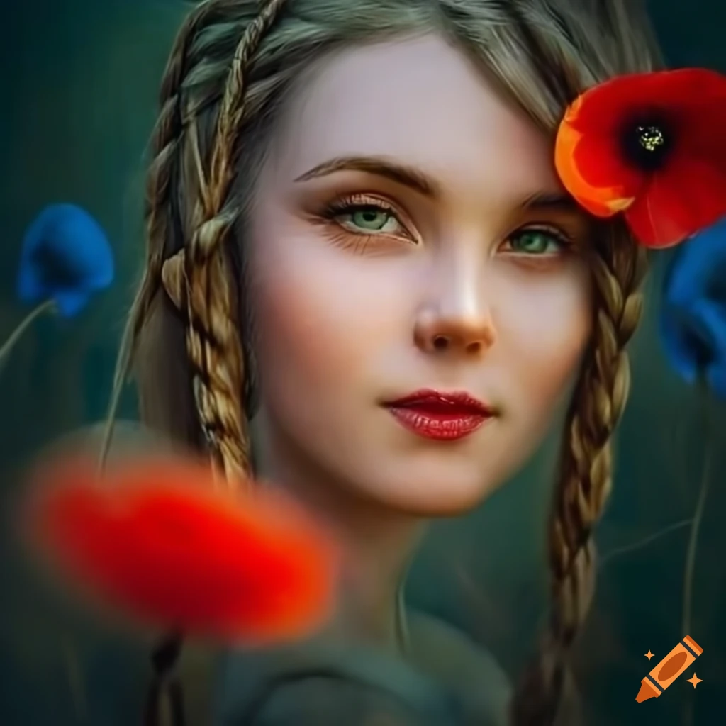 Eastern european woman with braided hair surrounded by flowers on Craiyon