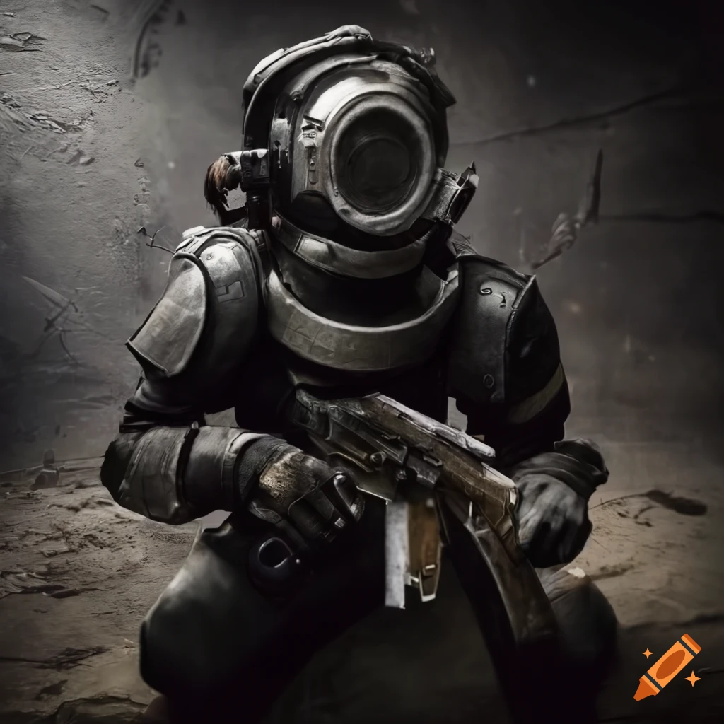 Moody close-up of a post-apocalyptic female infiltrator with smg in a ...