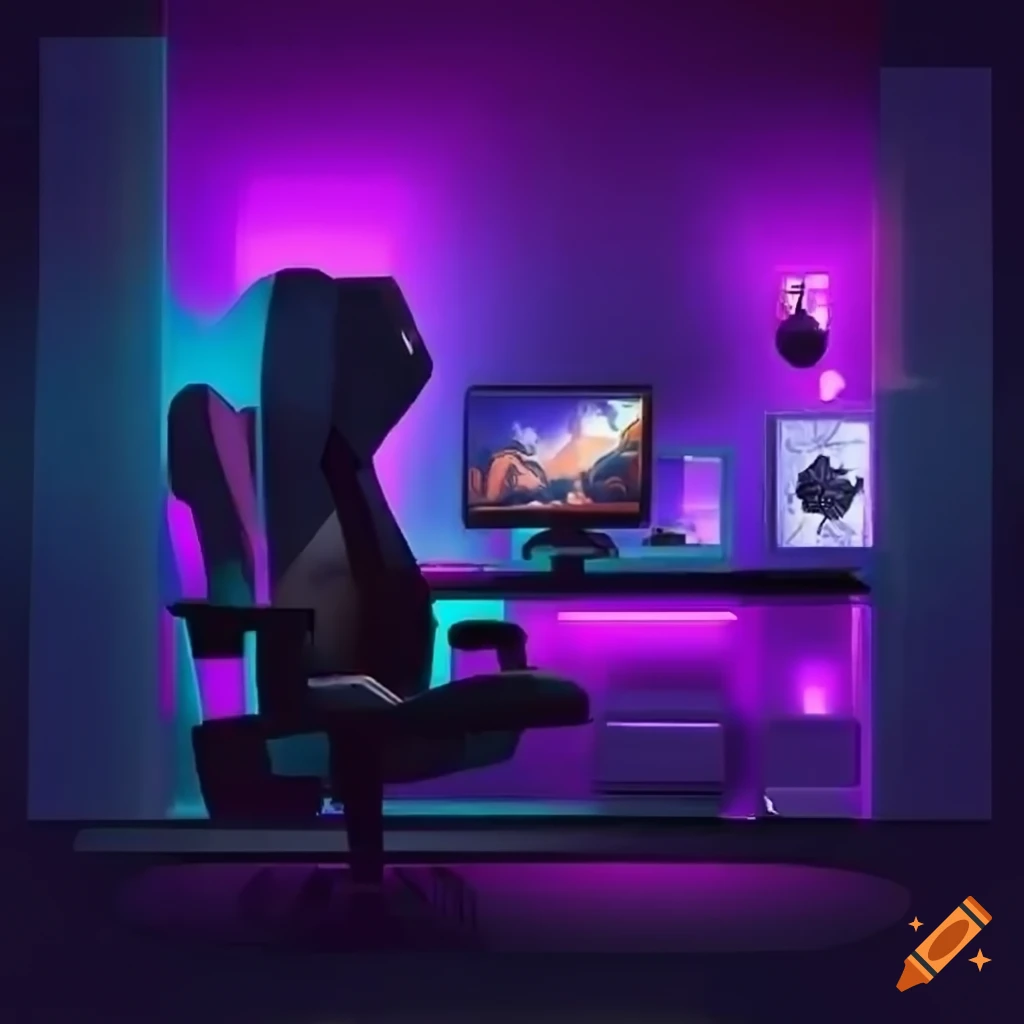 Lateral view of animated gaming setup room for twitch banner on Craiyon