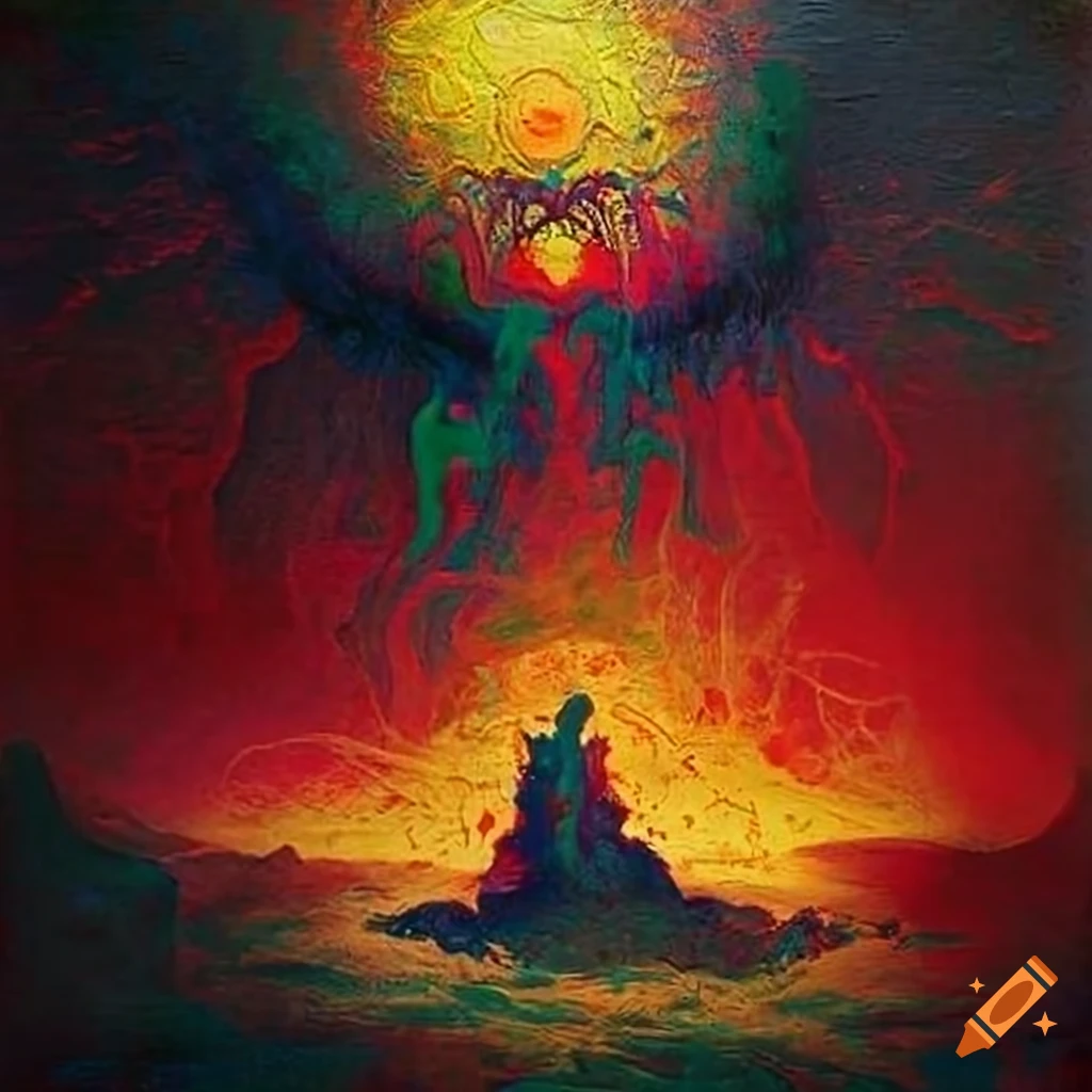 Abstract esoteric collage on a landscape with expressionist line ...