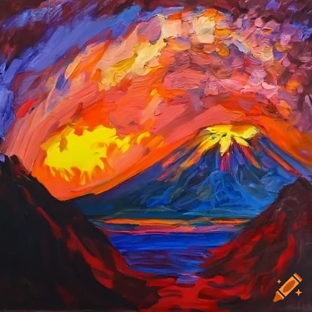 Volcano at sunset in a post-impressionist painting on Craiyon