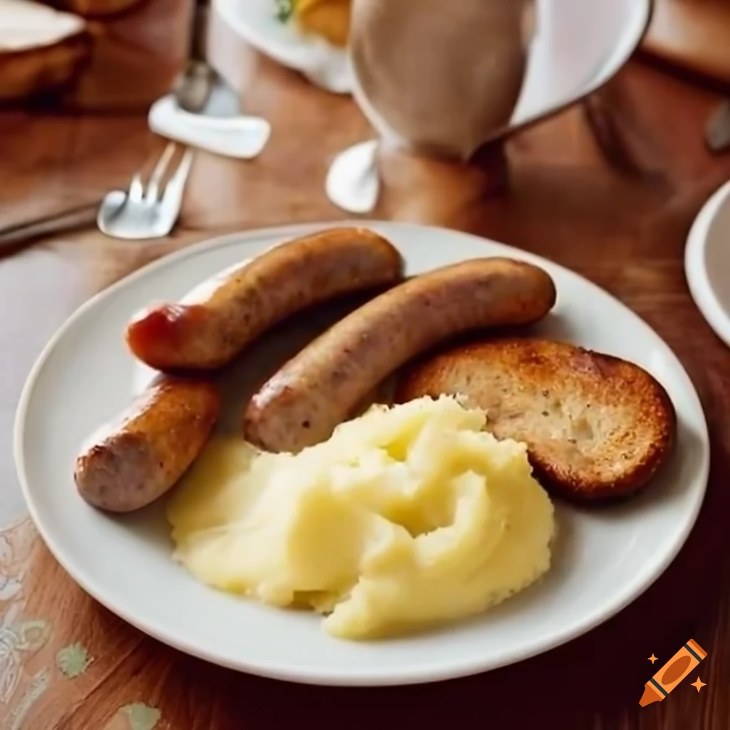 Irish lunch with sausages, toast, and mashed potatoes on Craiyon