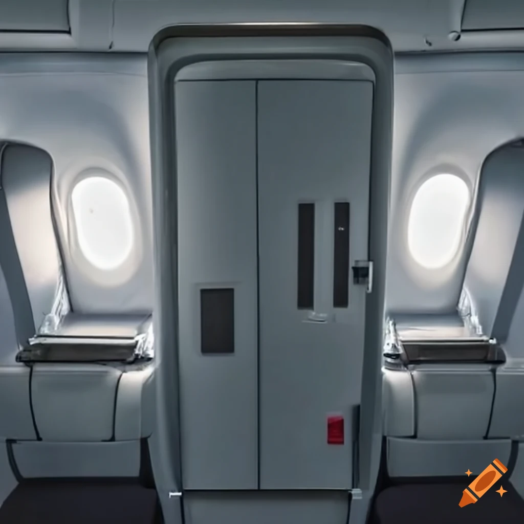 Airplane cabin with open door, side view on Craiyon
