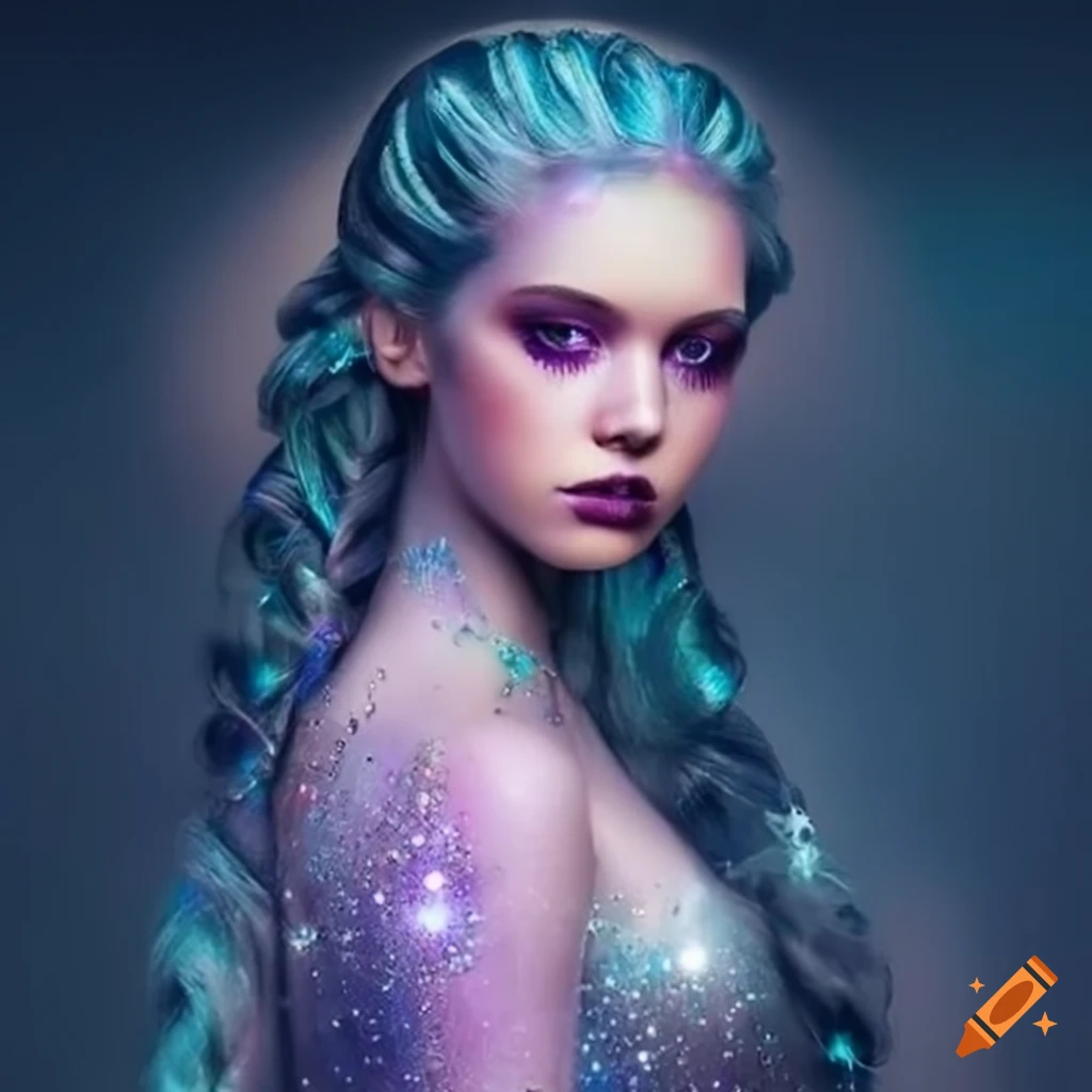 Ethereal princess with pearlescent hair, purple eyes, and shimmering ...