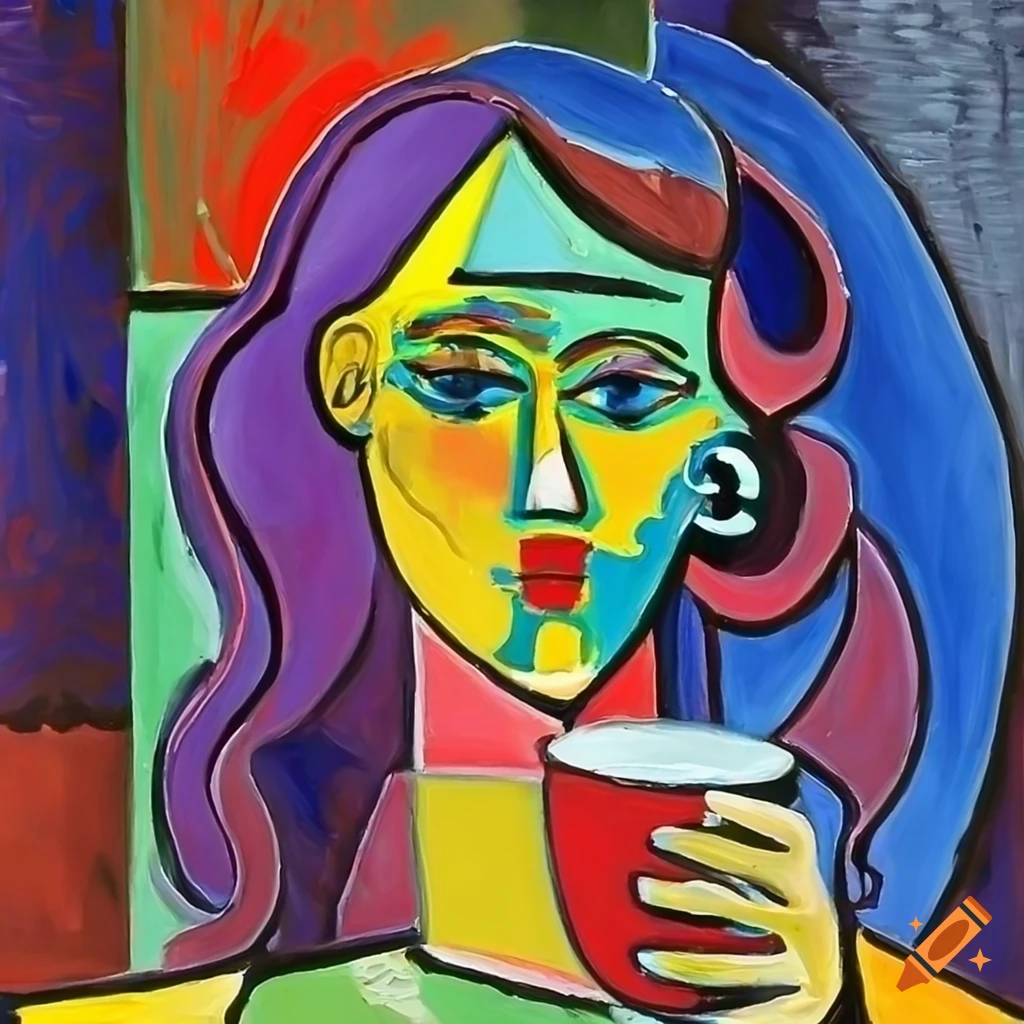 Woman enjoying coffee in a vibrant cubist painting inspired by picasso ...