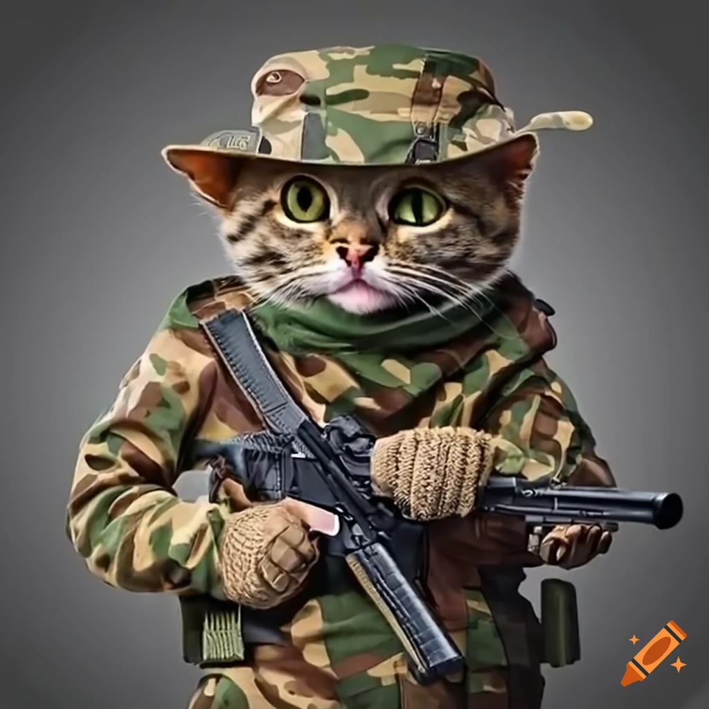 Scared cat in military outfit holding a rifle on Craiyon