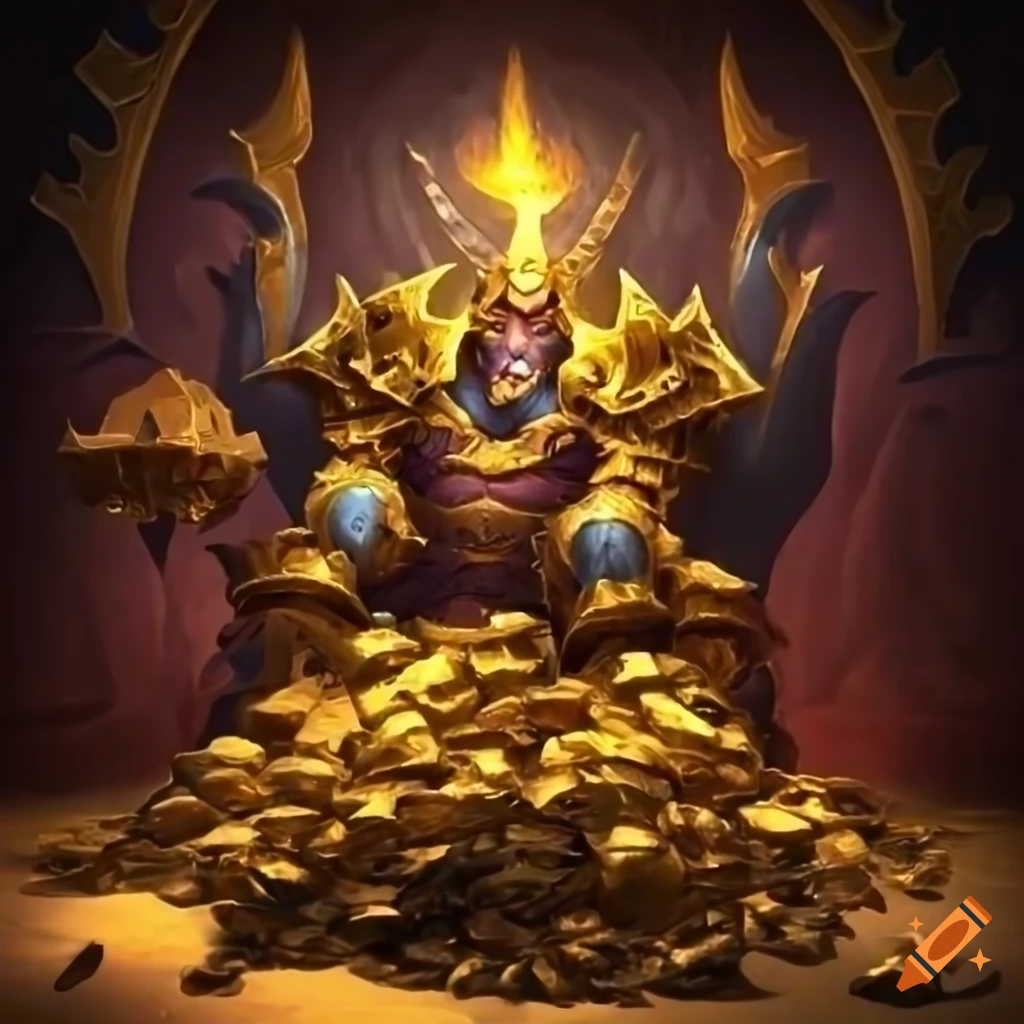 Gallywix from warcraft standing in a room filled with gold and wearing ...