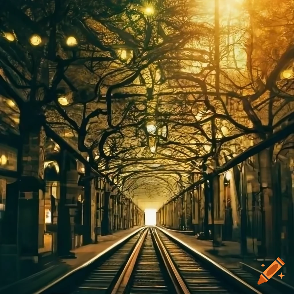 Trees inside subway station with glass ceiling and shining light on Craiyon