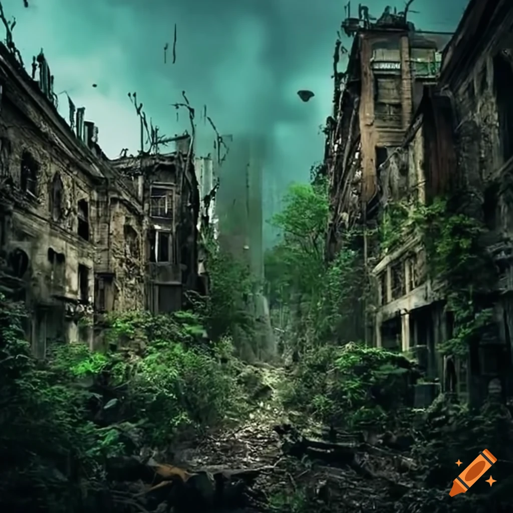 Decaying city reclaimed by nature on Craiyon