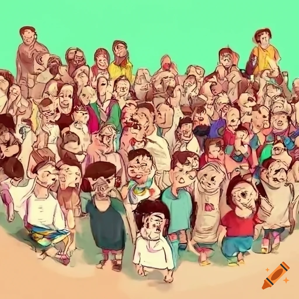 Cartoon crowd of starving people in rags on Craiyon