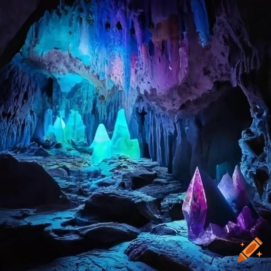 Illuminated fantasy crystals in an underground cavern on Craiyon