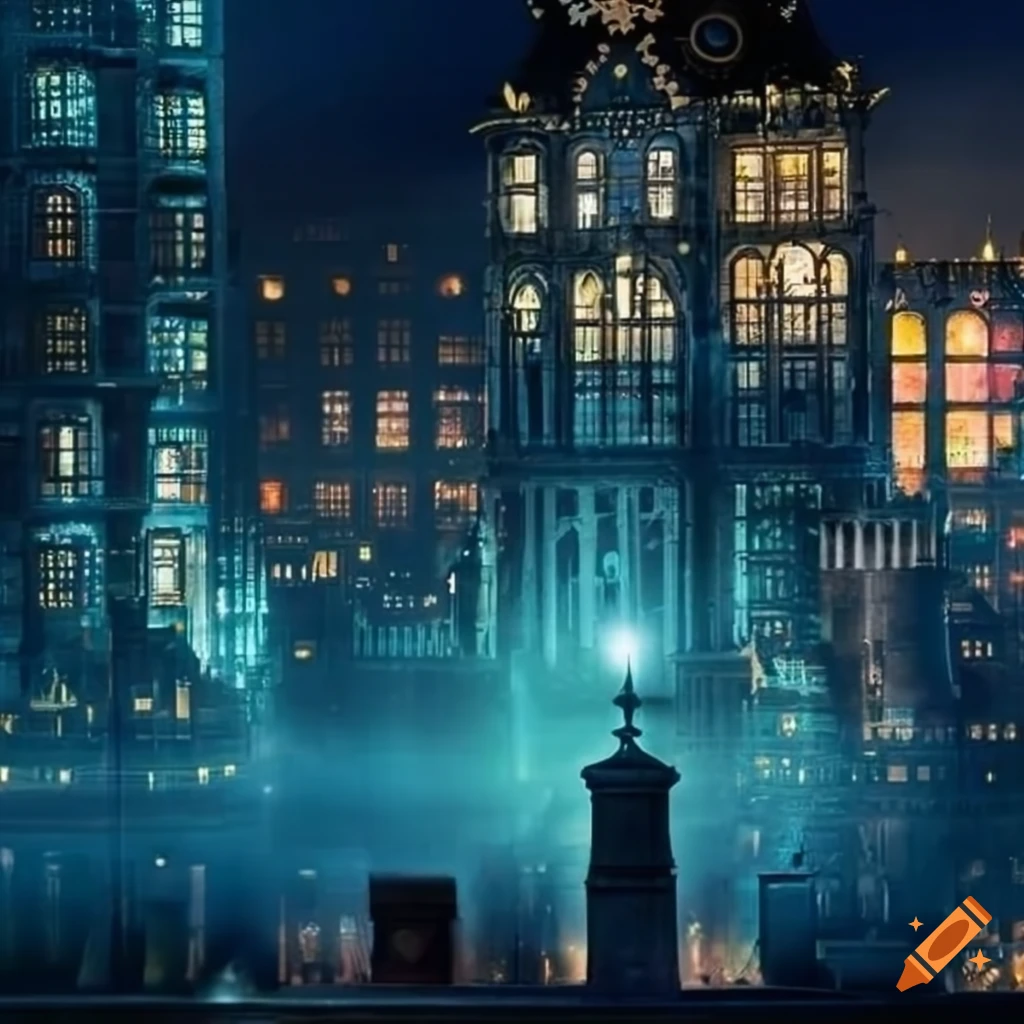Steampunk-style cityscape at night with glowing windows on Craiyon
