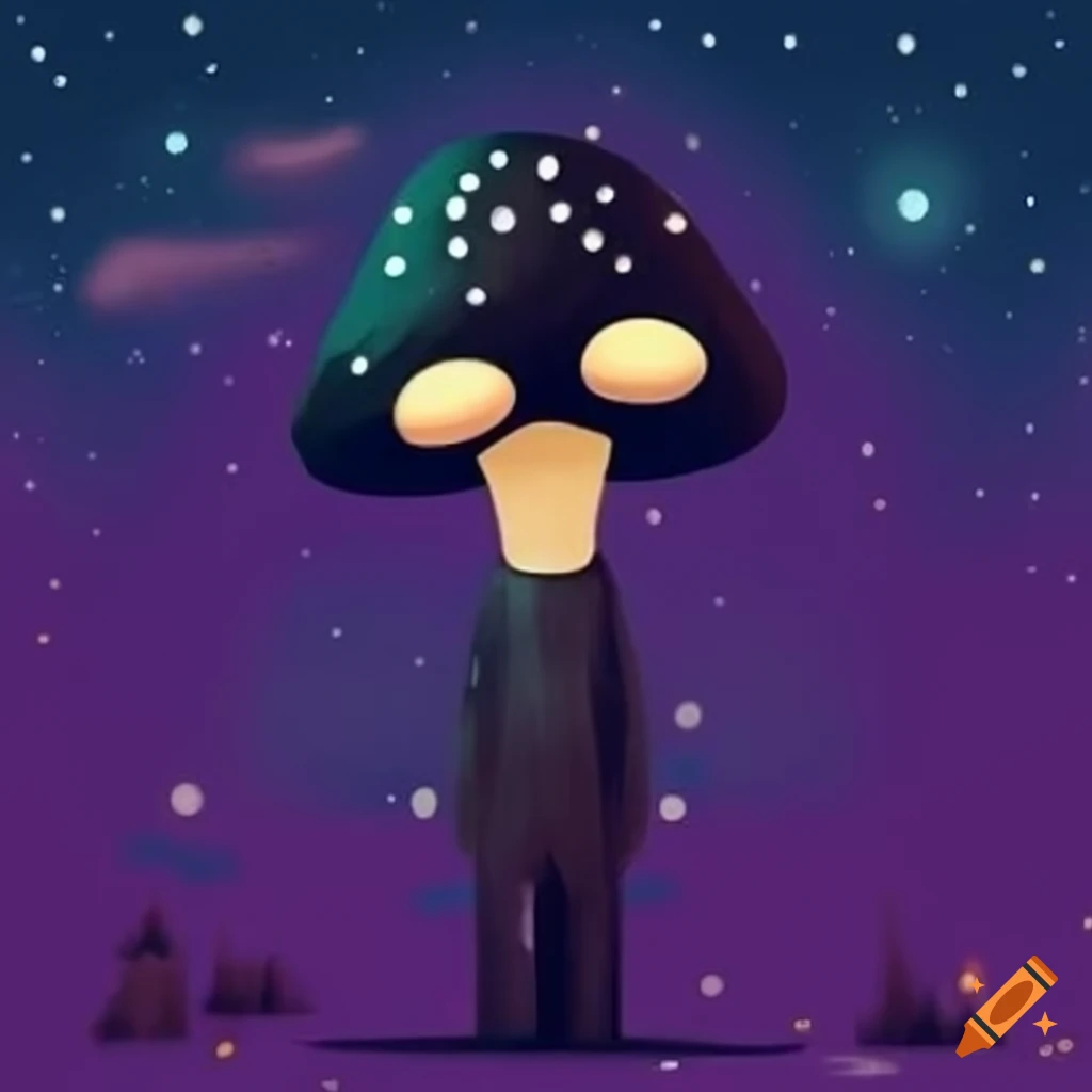 Mushroom character gazing at the night sky in incan art style on Craiyon