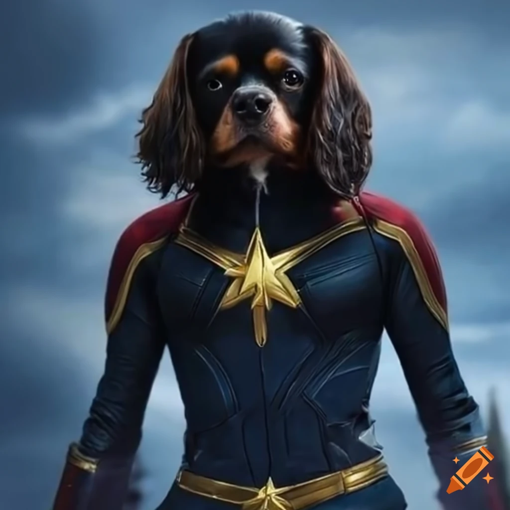 Cavalier king charles dog in a captain marvel costume on Craiyon
