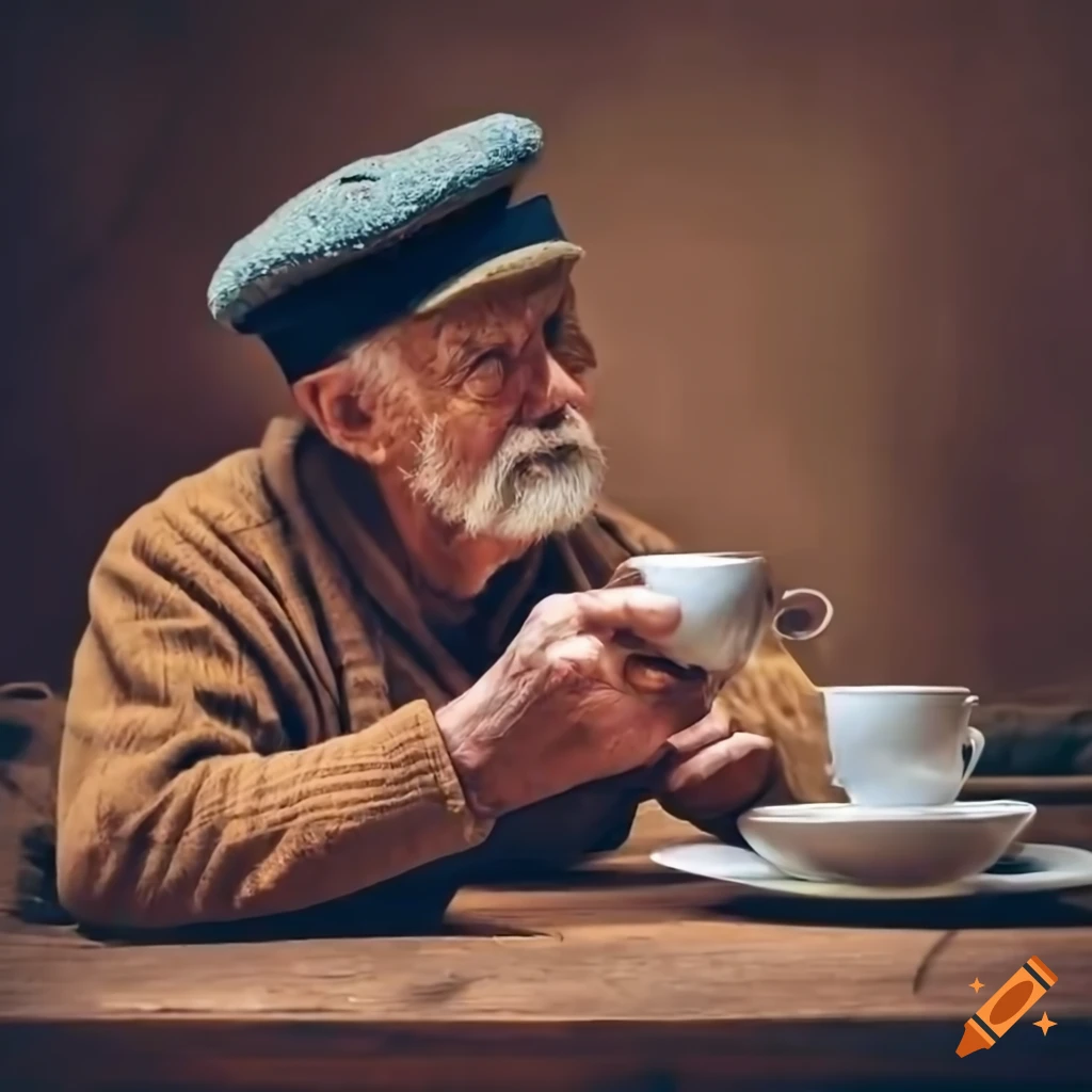 Old man sipping tea in a cozy house with a naval cap on the table on ...