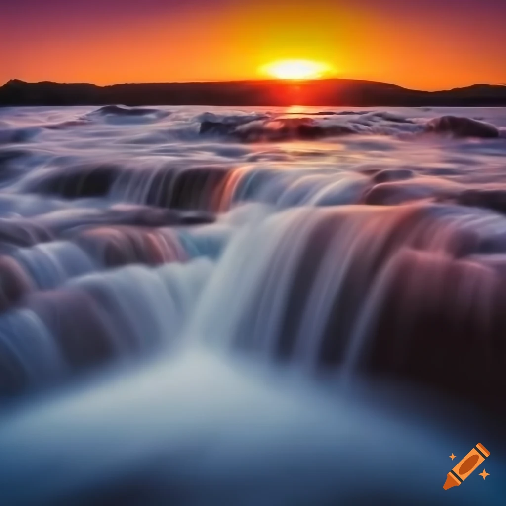 Vivid sunset waterfall in high definition 8k resolution on Craiyon