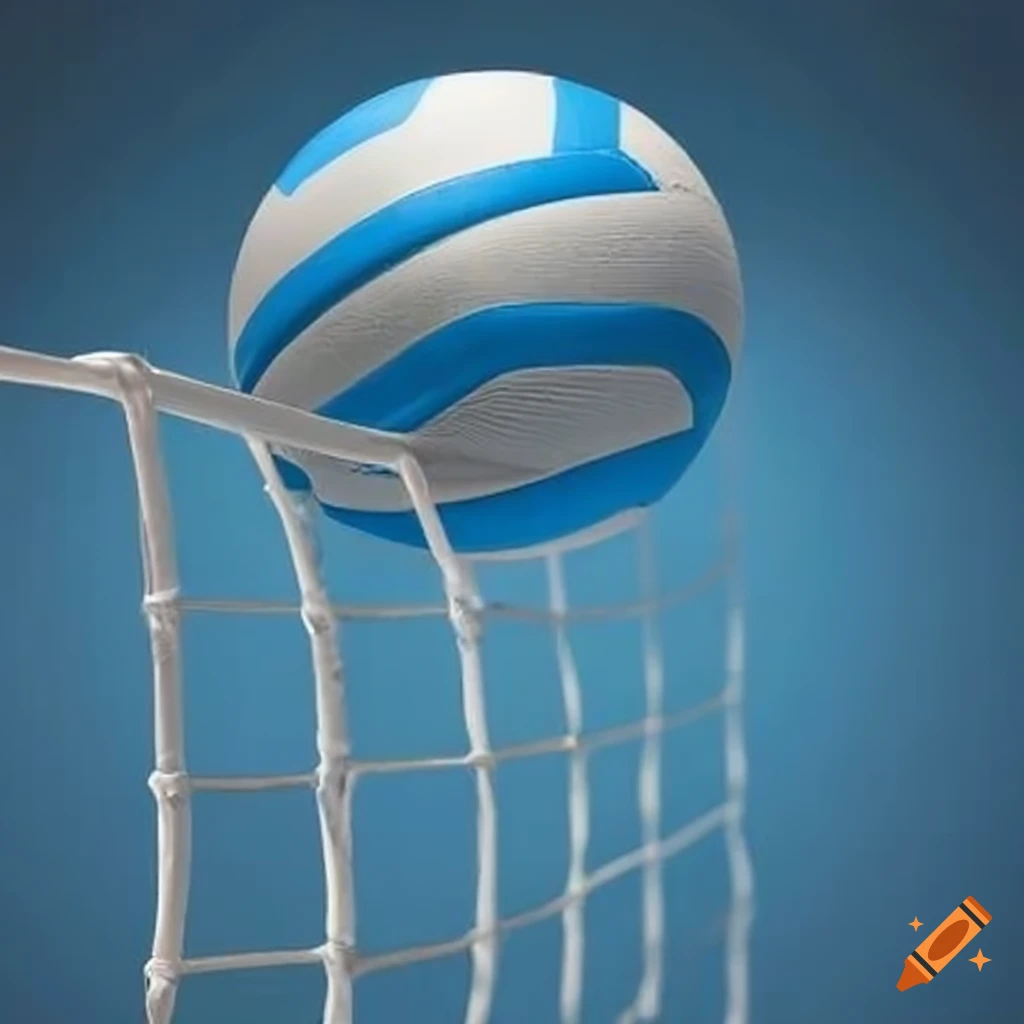 Pristine blue volleyball with white panels against a volleyball net on ...