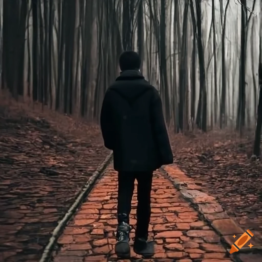 Handsome boy walking in a dark jungle in extreme cold on Craiyon