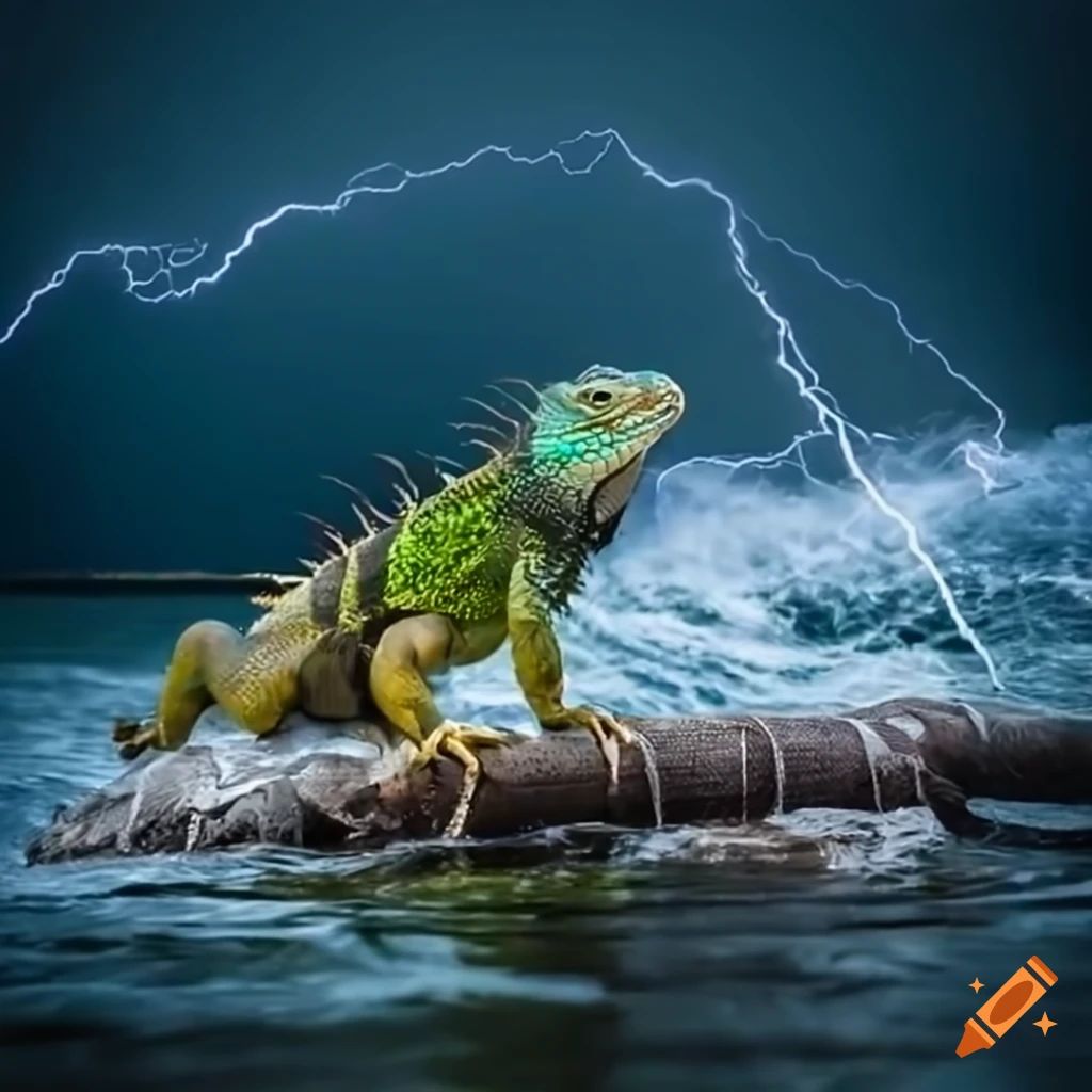 Iguana on a raft in a storm with big waves and lightning on Craiyon