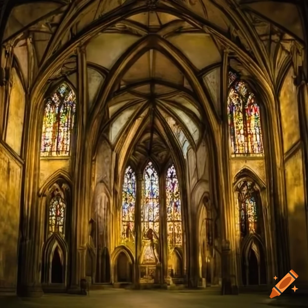 Elaborate underground cathedral with stained glass windows and ...
