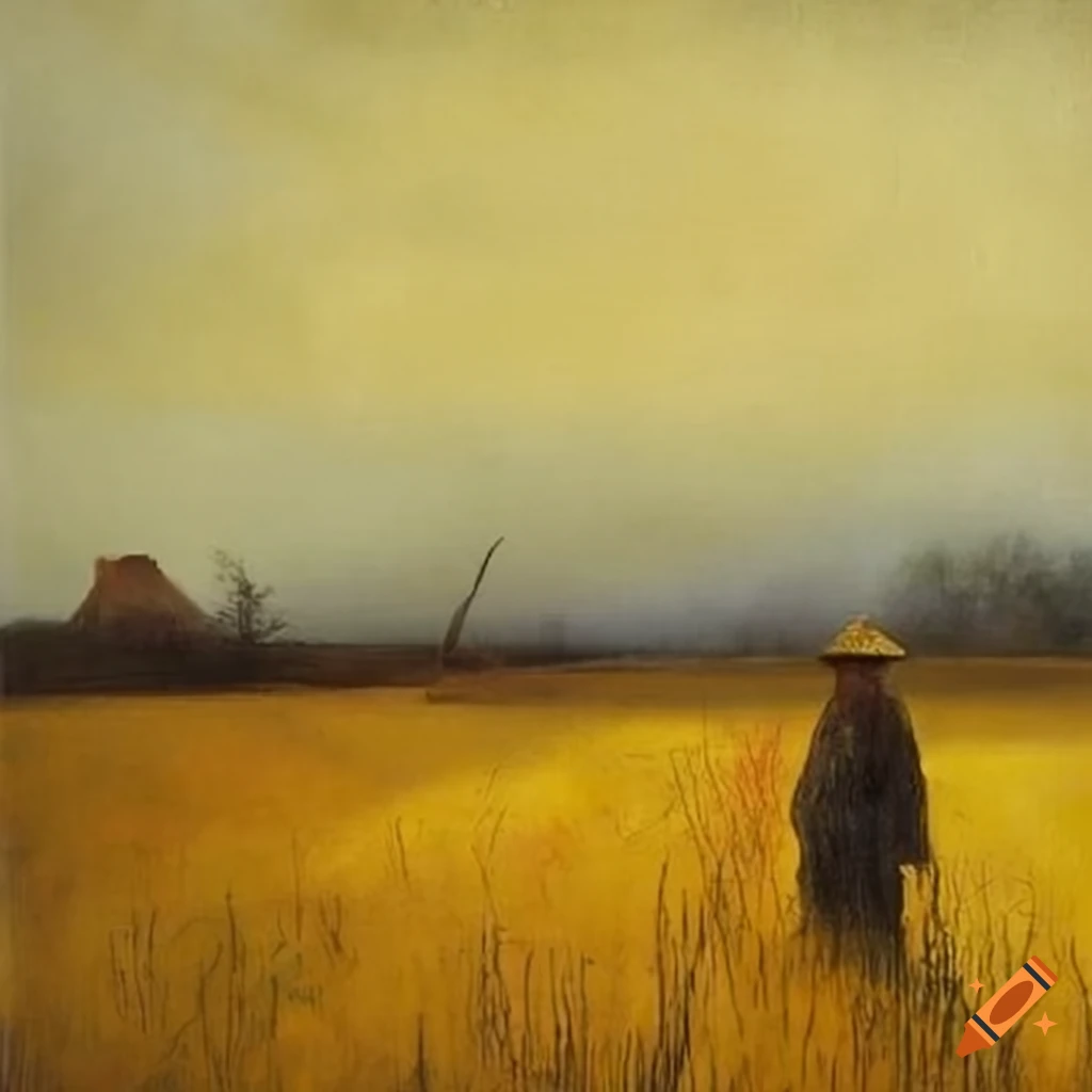 Realistic andrew wyeth style landscape with a farmer tending to his ...